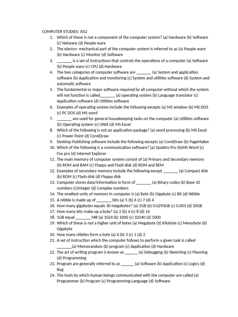COMPUTER STUDIES JSS2 | PDF | Byte | Computer Engineering