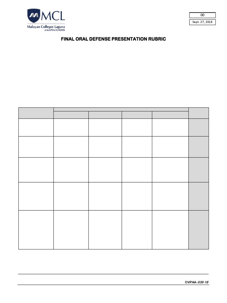 OVPAA-039-18 Final Oral Defense Presentation Rubric (Fillable) | PDF | Information | Cognition