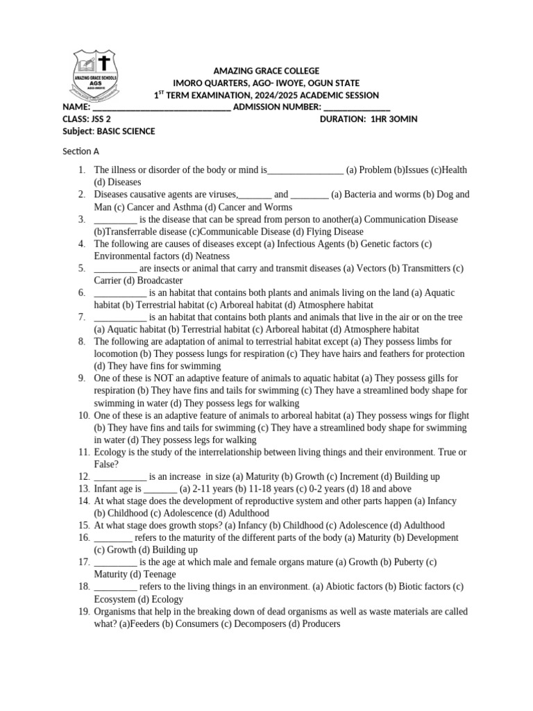 JSS2 Basic Science First Term Exam | PDF | Chemical Substances | Ecosystem