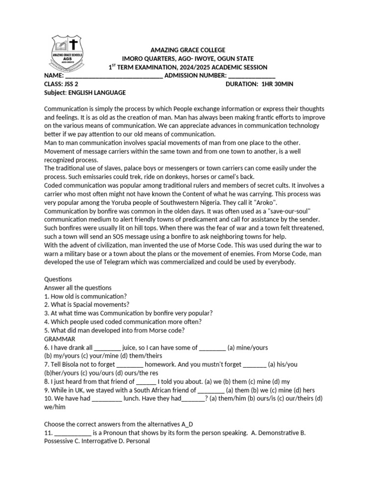 JSS2 English First Term Exam | PDF | Communication | Linguistic Typology