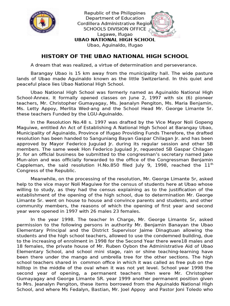 History of Ubao National High School | PDF | Philippines | Governance