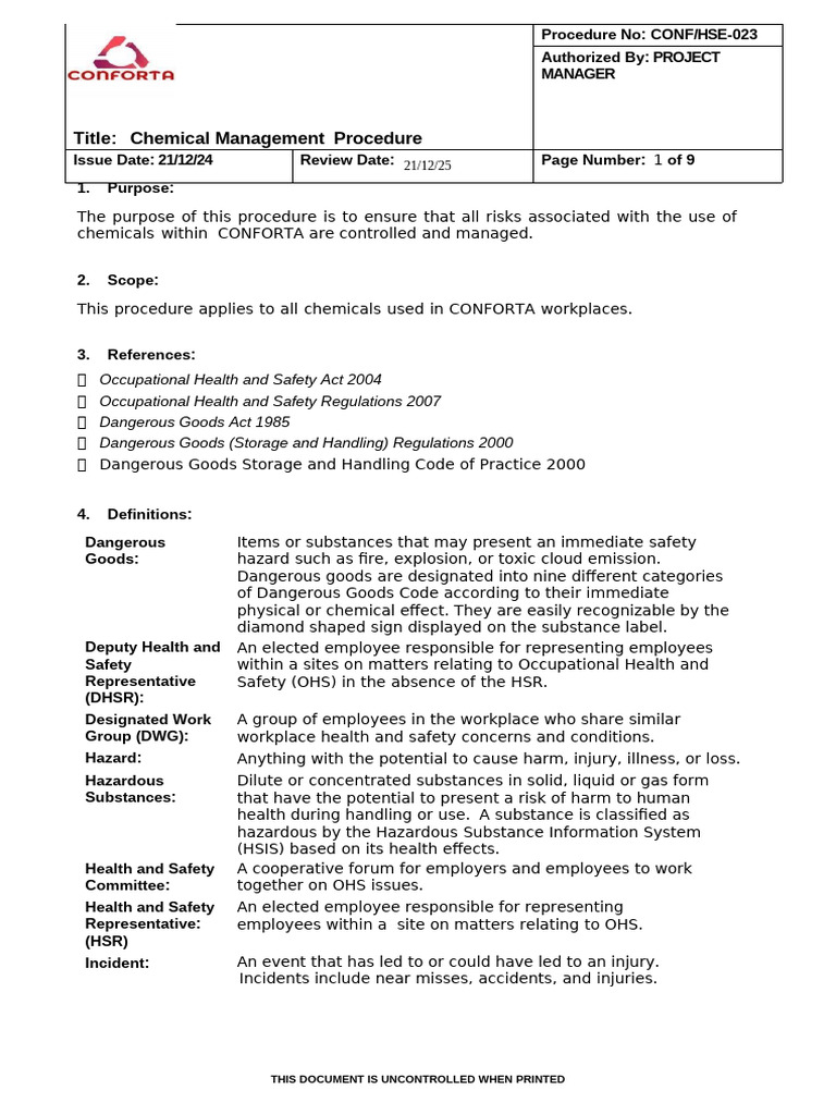Chemical Management Procedure Guide | PDF | Dangerous Goods ...