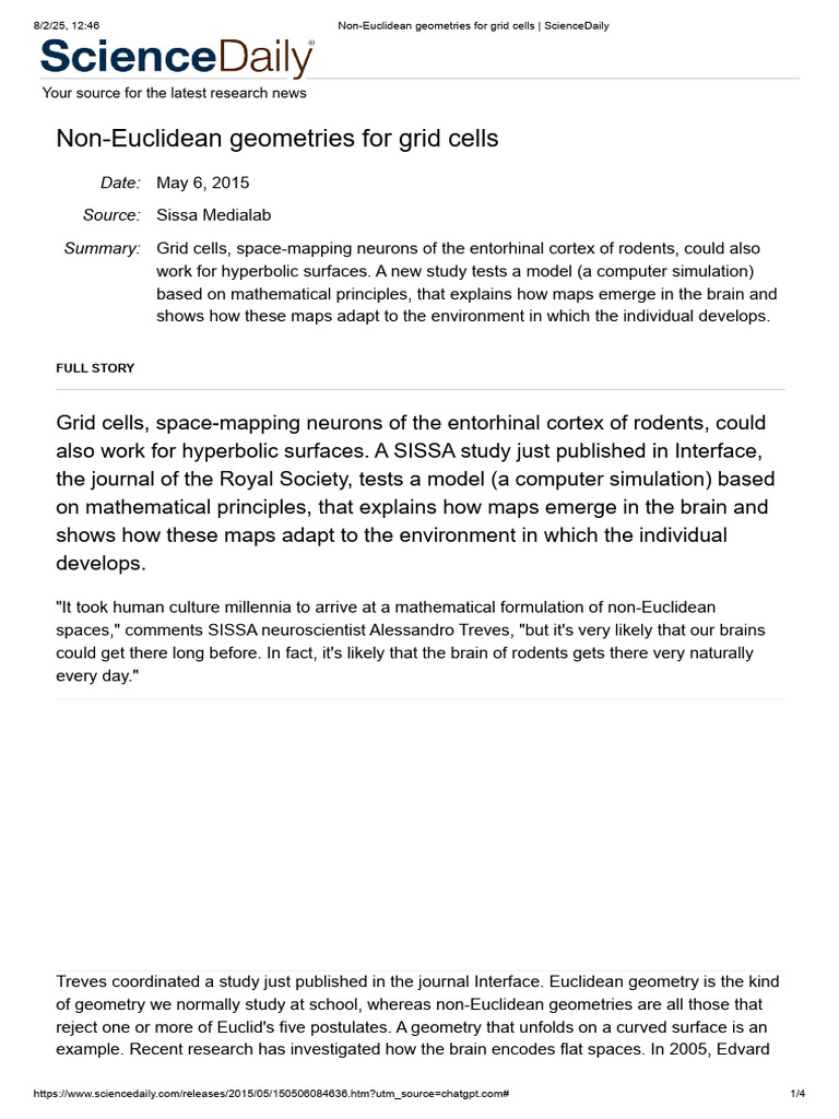 Non-Euclidean Geometries For Grid Cells - ScienceDaily | PDF | Non ...