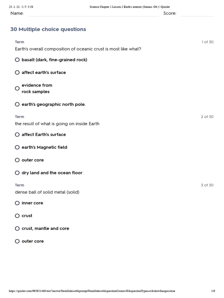 Science Chapter 1 Lesson 2 Earth's Interior (Sienna - G6) - Quizlet ...