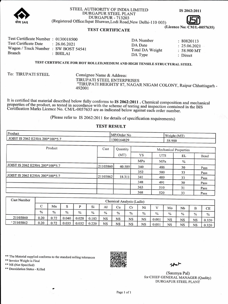 Test Certificate for Structural Steel | PDF | Materials | Metals