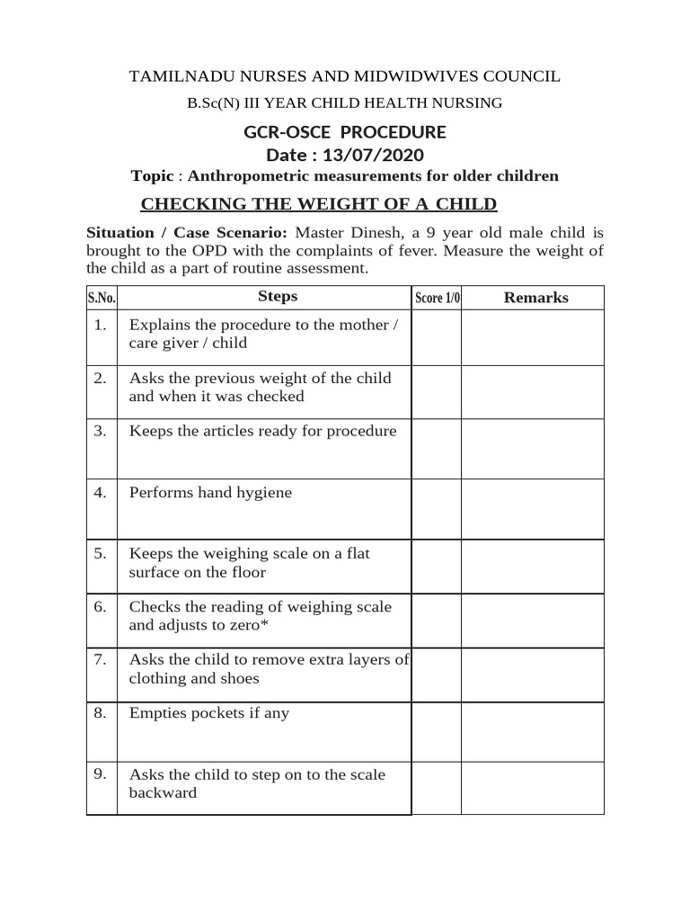PEDS OSCE Anthropometrics For Older Children | PDF
