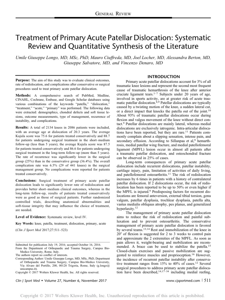 Treatment of Primary Acute Patellar Dislocation .1 | PDF | Knee | Limbs ...