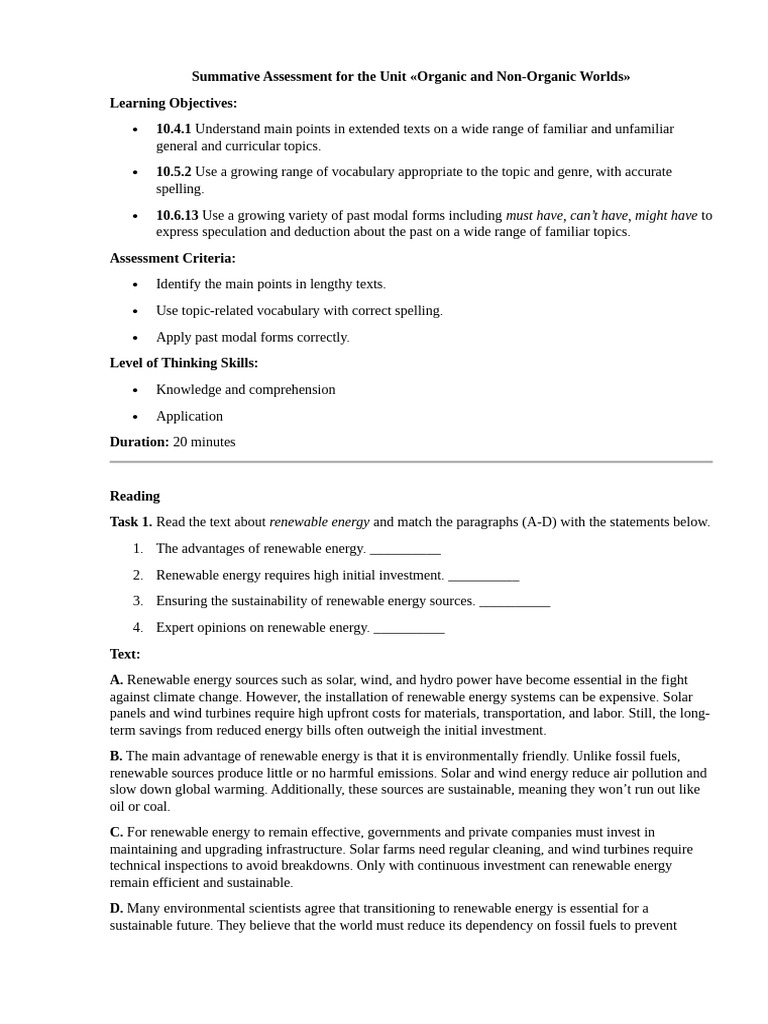 Summative Assessment For The Unit Organic and Non-Organic World | PDF ...