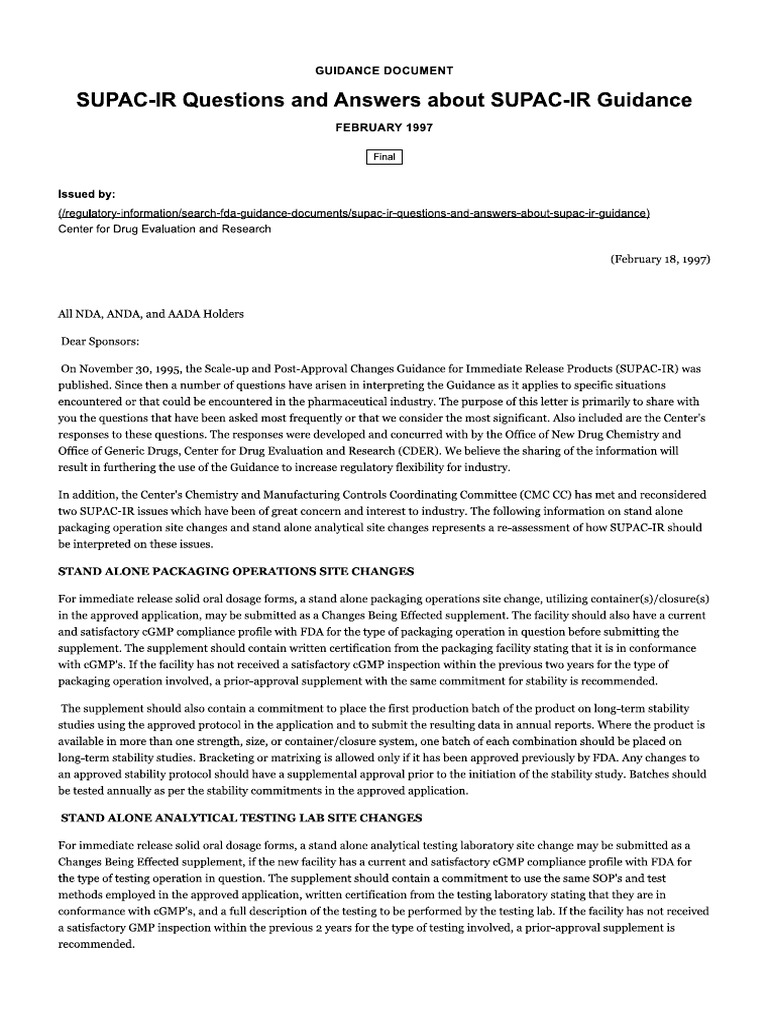 SUPAC-IR Questions & Answers About SUPAC IR Guidance - Feb 1997 | PDF