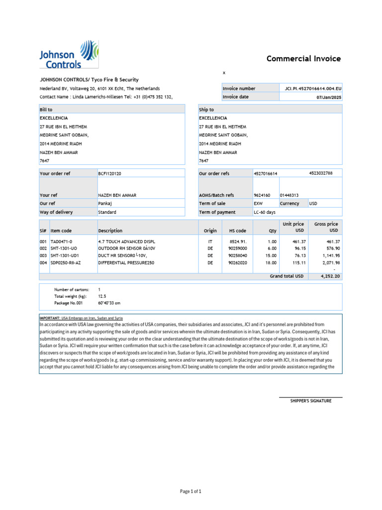Johnson Controls Invoice Details | PDF