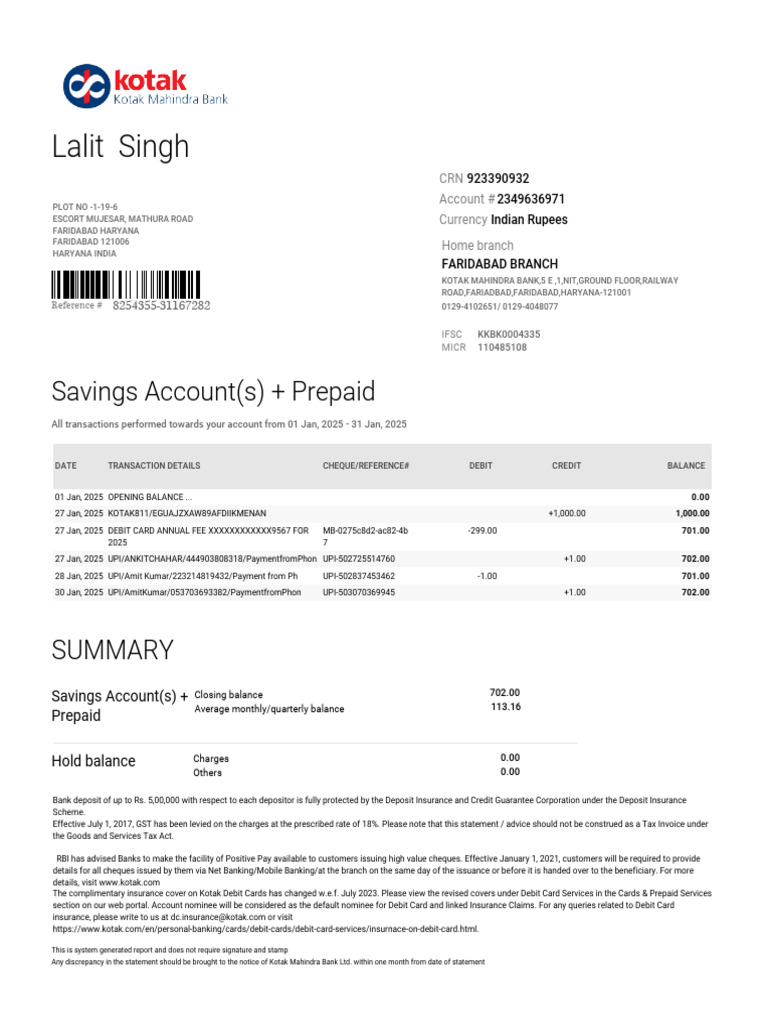 January 2025 Kotak Bank Statement | PDF | Debit Card | Banks