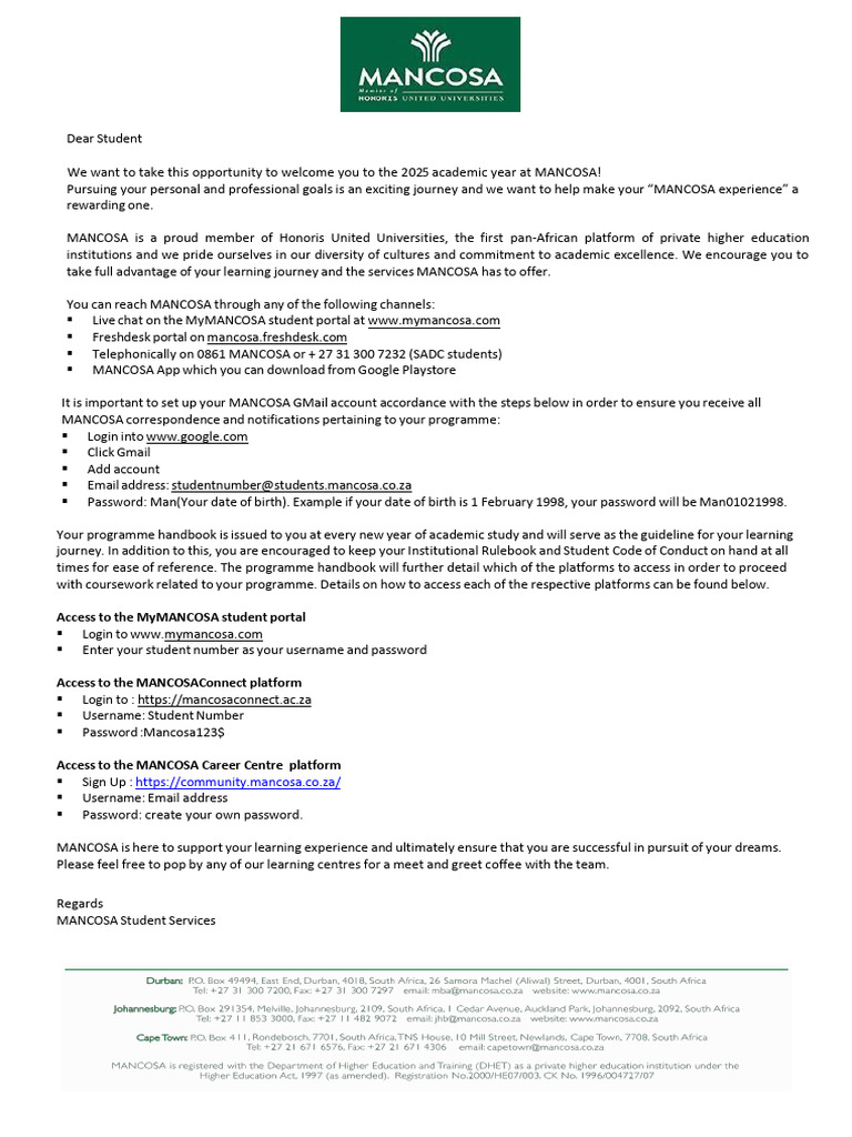 MANCOSA Student Portal Access Guide | PDF