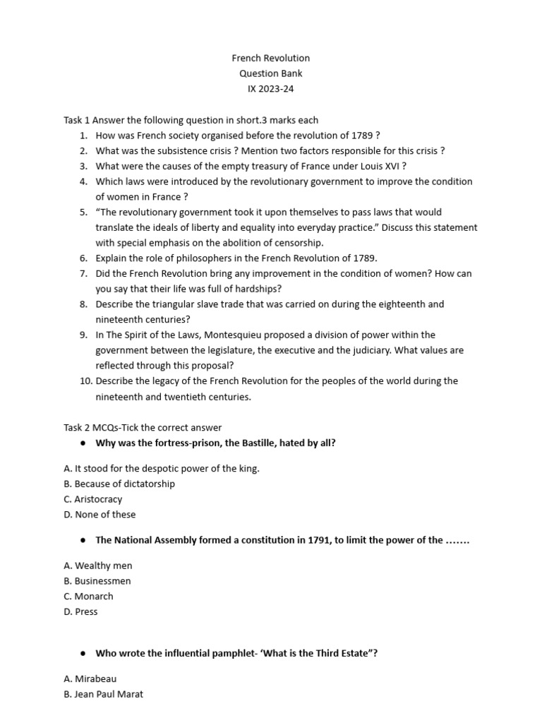 Question Bank French Revolution - 2 | PDF | French Revolution | France