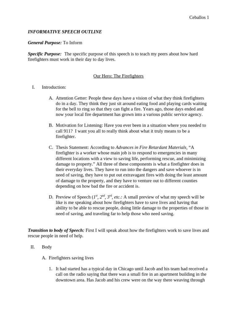 Firefighter Informative Speech Outline | PDF | Firefighter | Fires