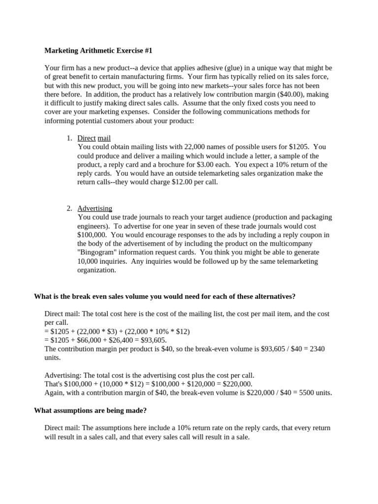 Mkt+Math+Exercise | PDF | Direct Marketing | Private Sector