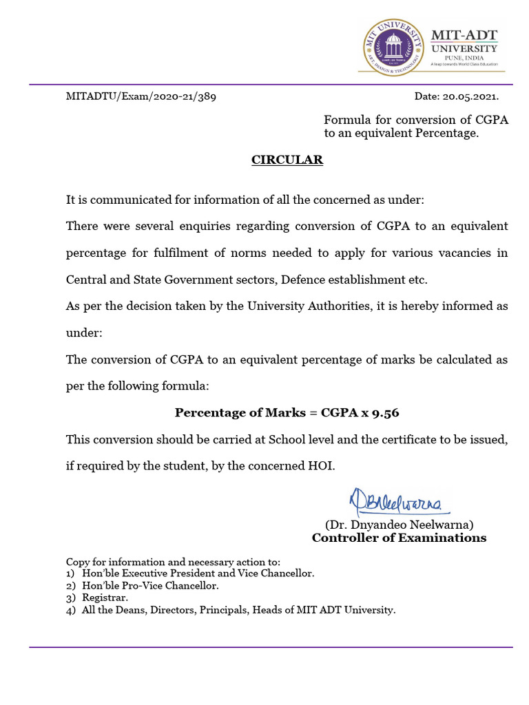 8 - Circular - CGPA To Percentage Formula | PDF