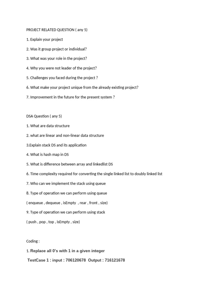 Project, DSA, Coding & HR Questions | PDF