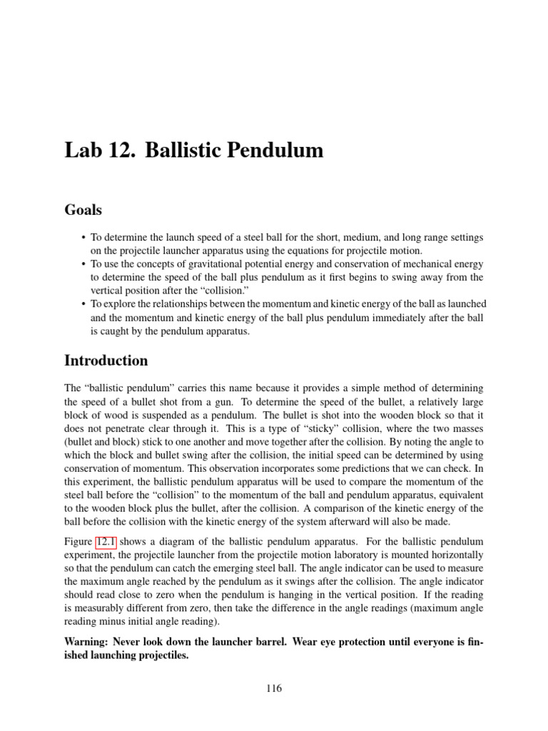 201 Lab 12. Ballistic Pendulum | PDF | Momentum | Collision