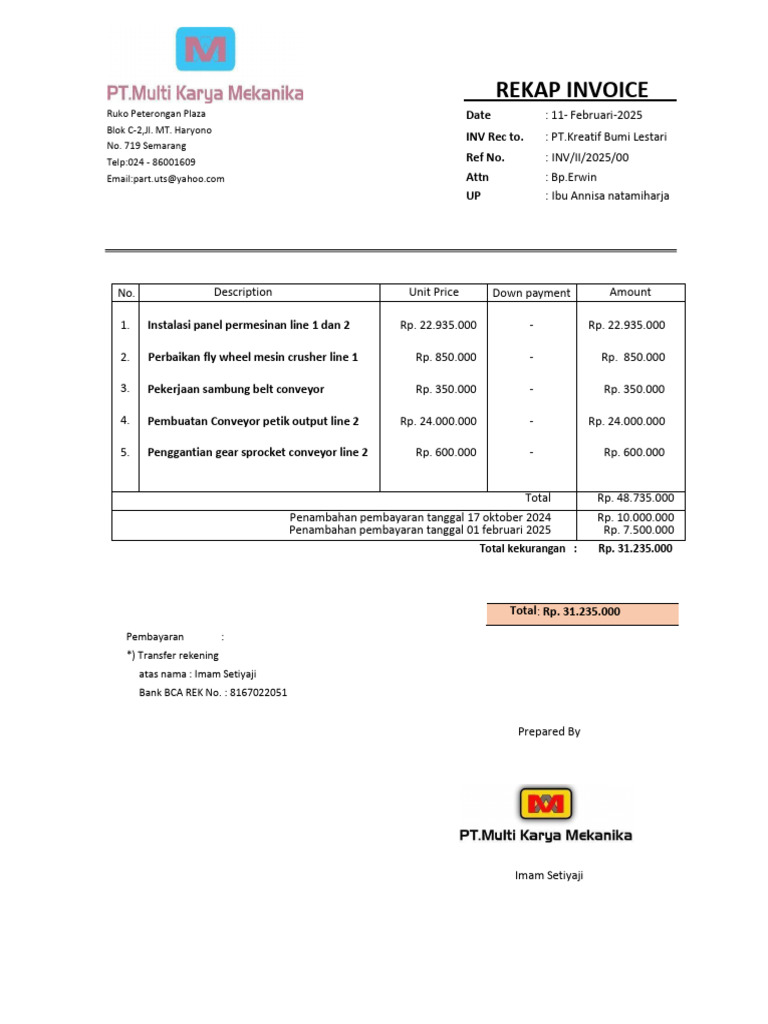 Rekap Invoice Kreatif Bumi Lestari Update 11 Feb 25 | PDF