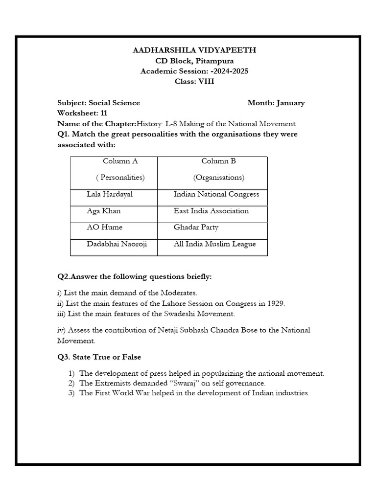 Class VIII Social Science Worksheet on National Movement | PDF