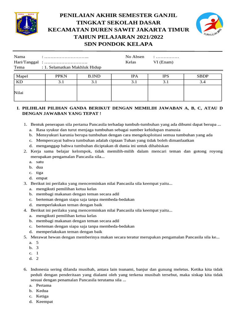 Naskah Pas Kelas 6 Tema 1 | PDF