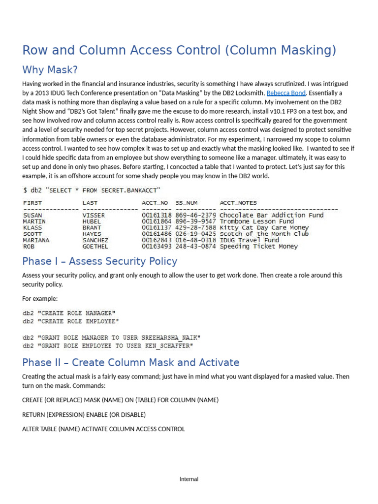Row and Column Access Control (Column Masking) | PDF | Social Security Number | Ibm Db2