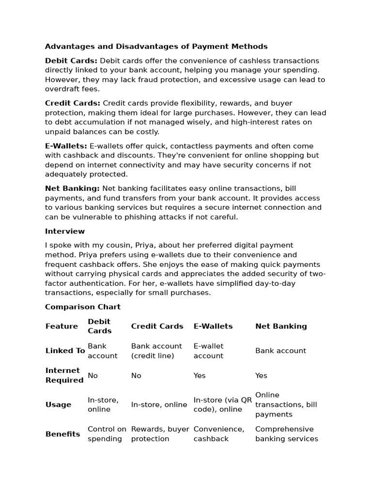 Advantages and Disadvantages of Payment Methods | PDF | Credit Card ...