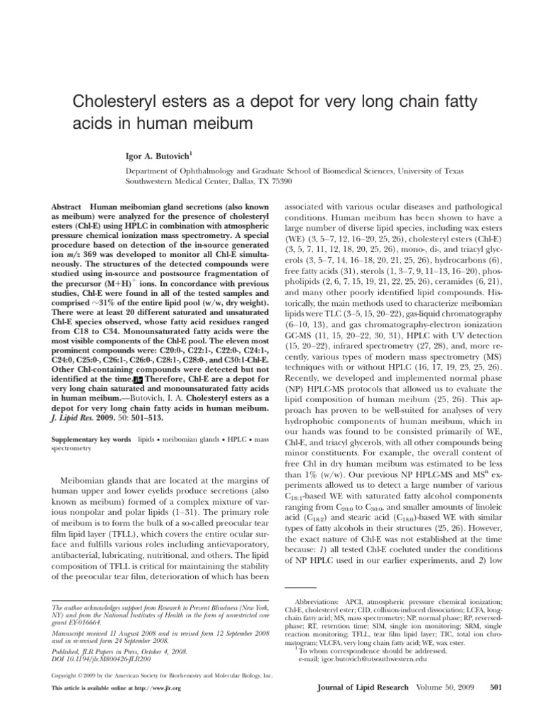 Cholesteryl Esters As A Depot For Very Long Chain Fattyacids in Human ...