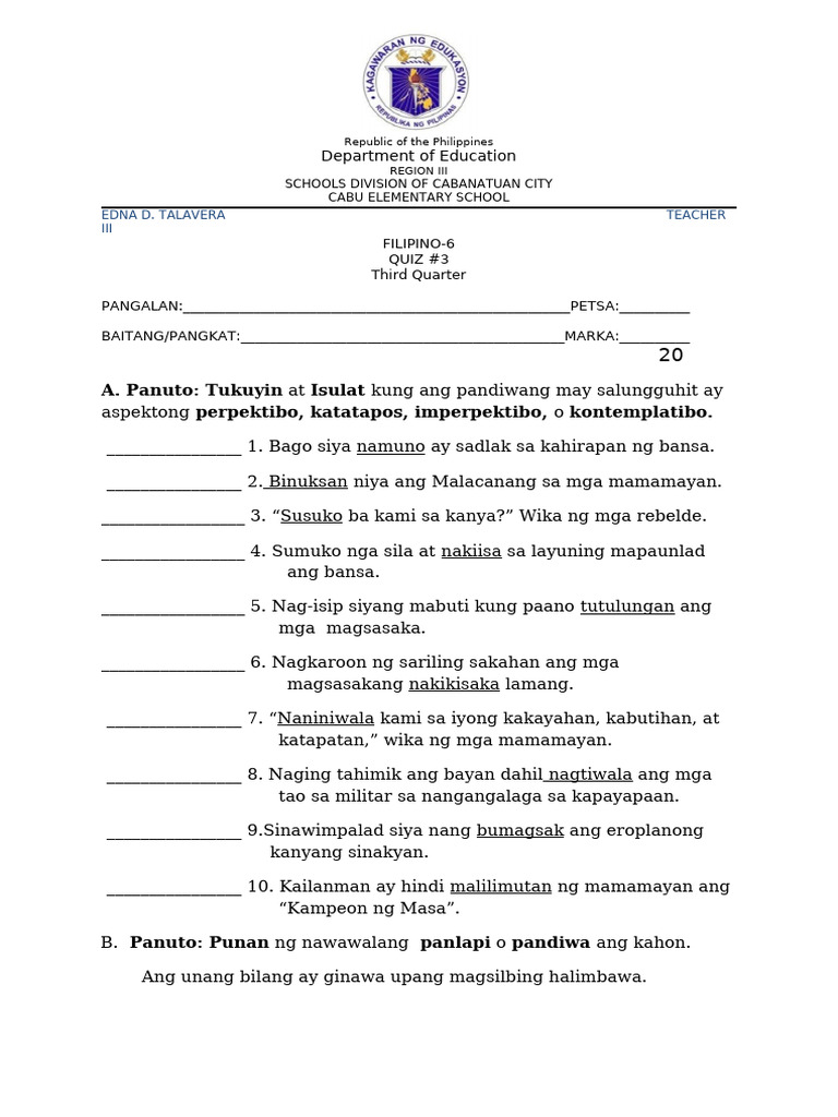 Filipino 6 Quiz 3rd Quarter 3 | PDF
