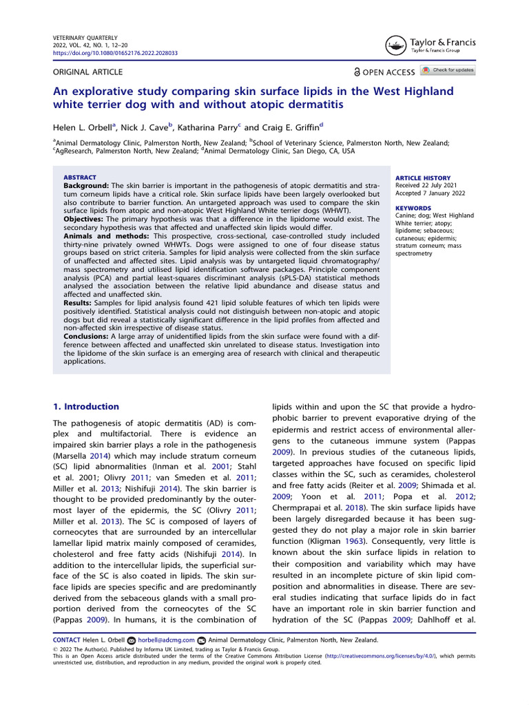 An Explorative Study Comparing Skin Surface Lipids in The West Highland ...