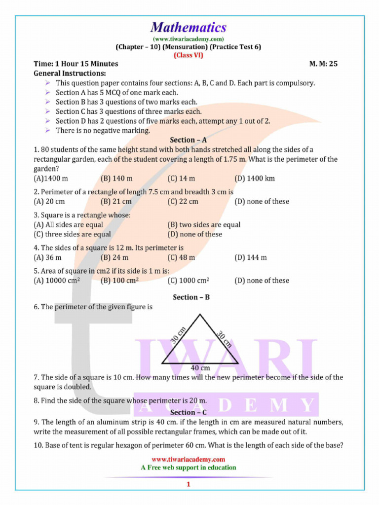 6 Maths Chapter 10 Test 6 | PDF