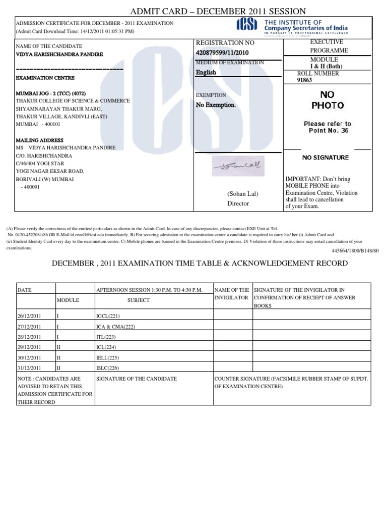 ICSI Admit Card | PDF | Identity Document | Test (Assessment)
