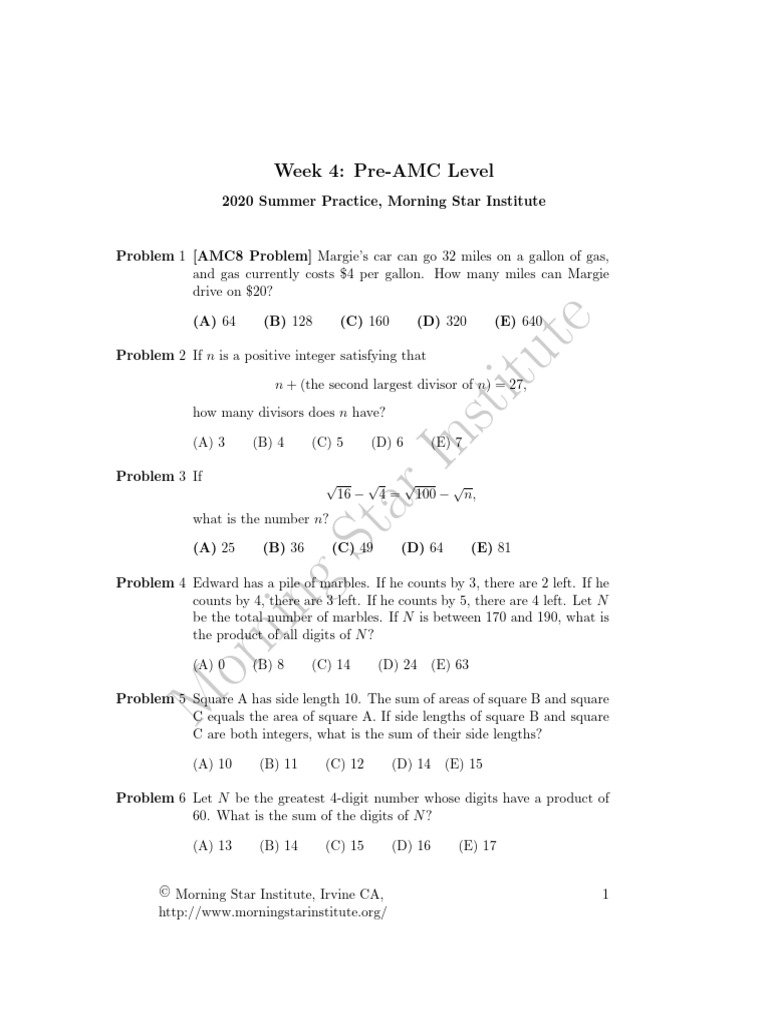 Pre-AMC-4 | PDF | Square Root | Mathematical Concepts