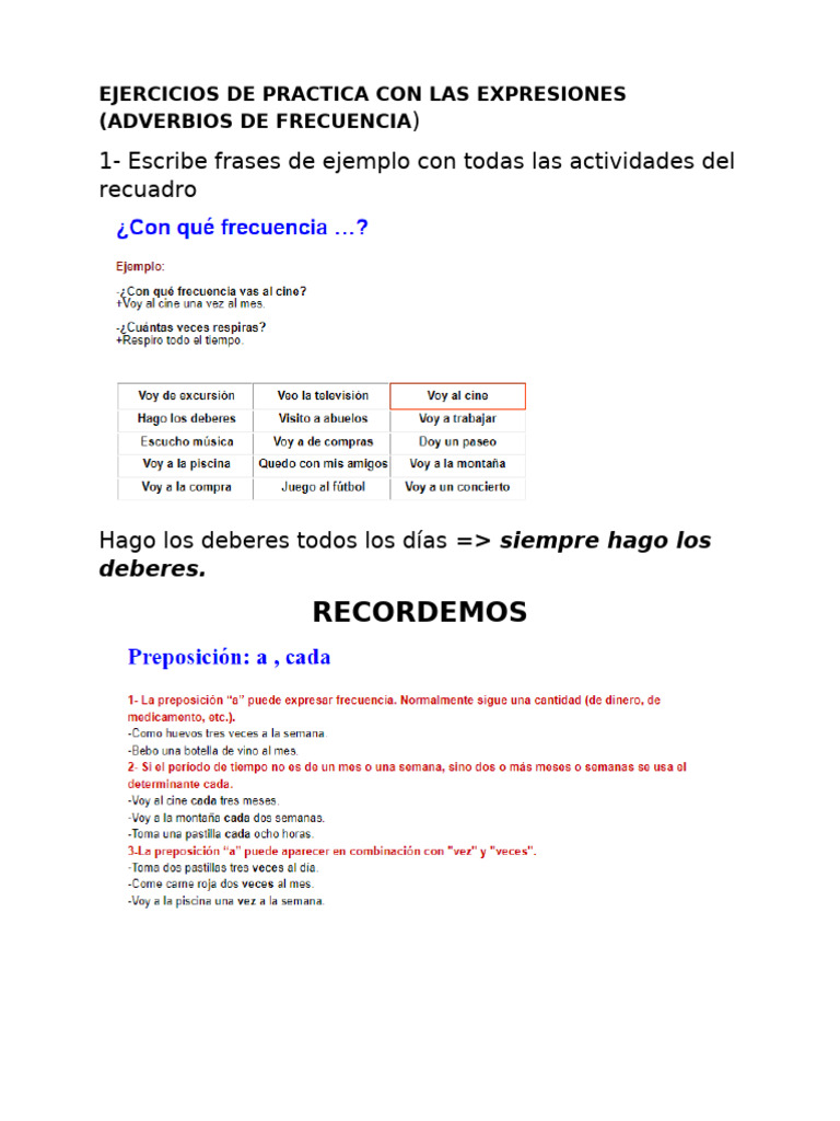 Ejercicios de Adverbios de Frecuencia | PDF