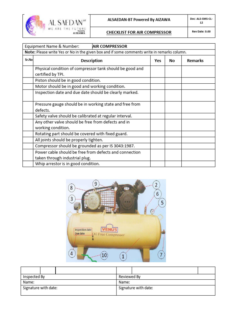 Checklist For Air Compressor | PDF