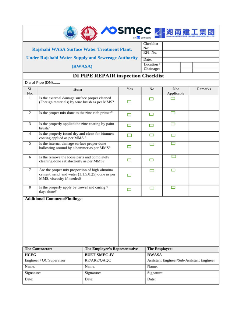 DI PIPE Repair Inspection Checklist - Checked | PDF