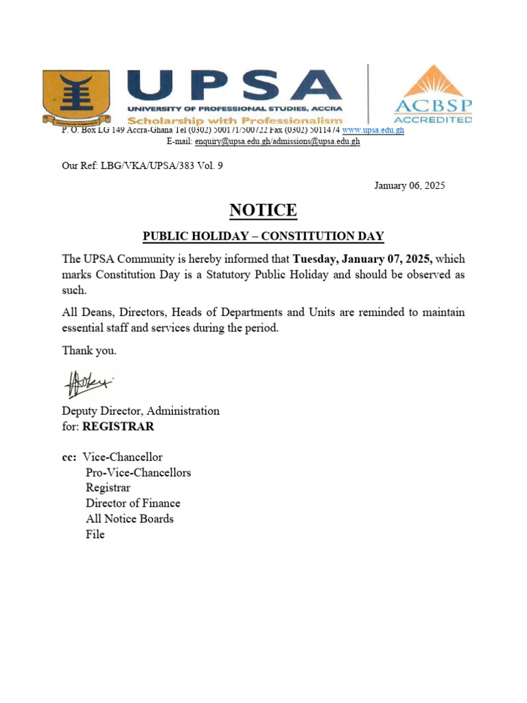 UPSA Notice: Constitution Day Holiday | PDF