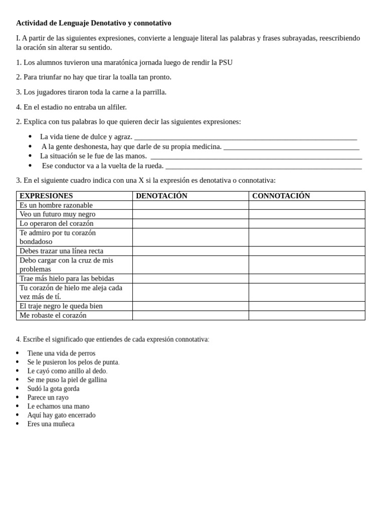 Lenguaje Denotativo y Connotativo: Actividades | PDF