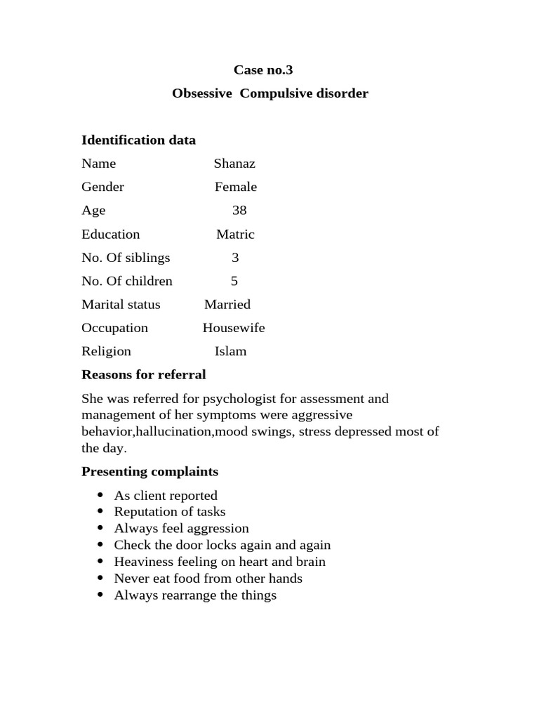 OCD Case Study: Shanaz's Assessment | PDF | Anxiety | Abnormal Psychology