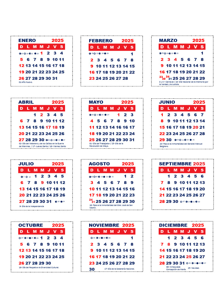 Calendario 2025 con Feriados para Imprimir | PDF