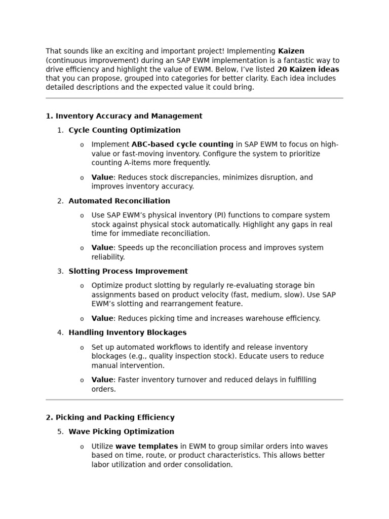 Kaizen Tips for SAP EWM Efficiency | PDF | Inventory | Automation