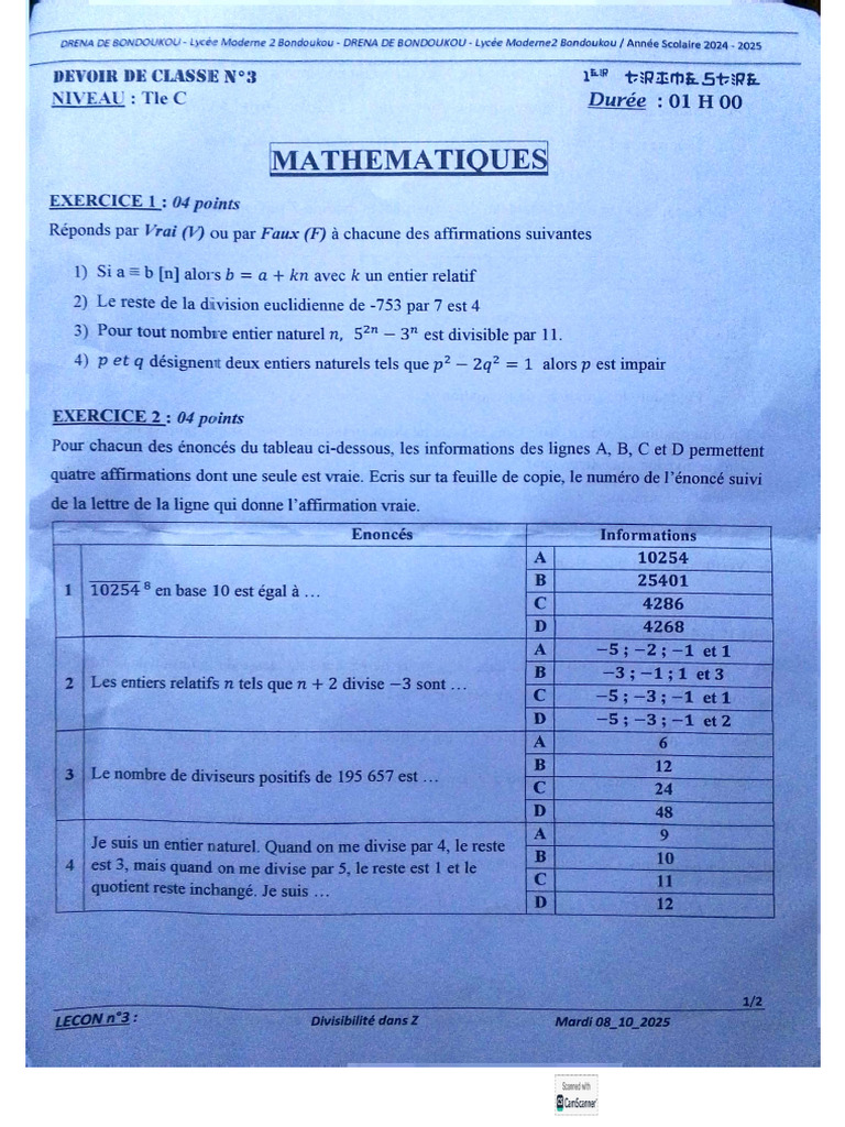 Devoirs de Divisibilité Dans Z de Classe | PDF