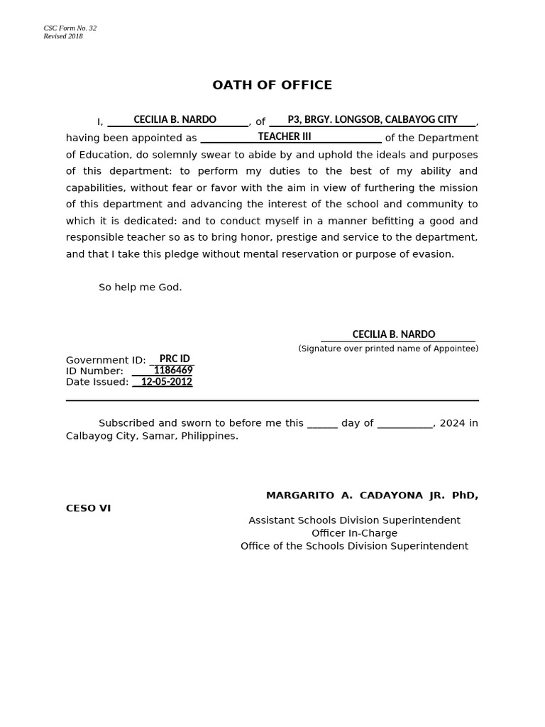 Oath of Office Form No. 32 2 | PDF