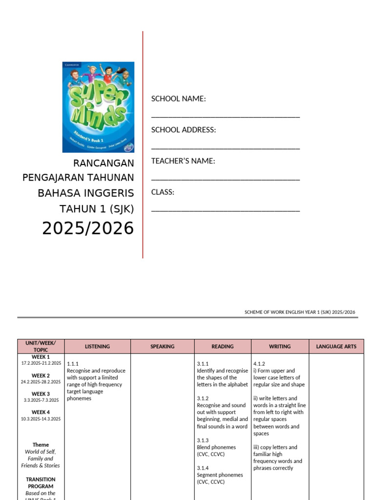 Annual English Teaching Plan Year 1 | PDF | English Language | Word