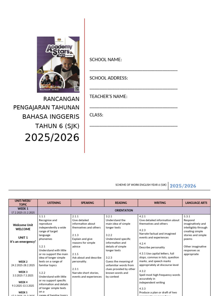 SOW ENGLISH YEAR 6 SJK 2025 2026 by RozayusAcademy Kump B | PDF | English Language | Paragraph