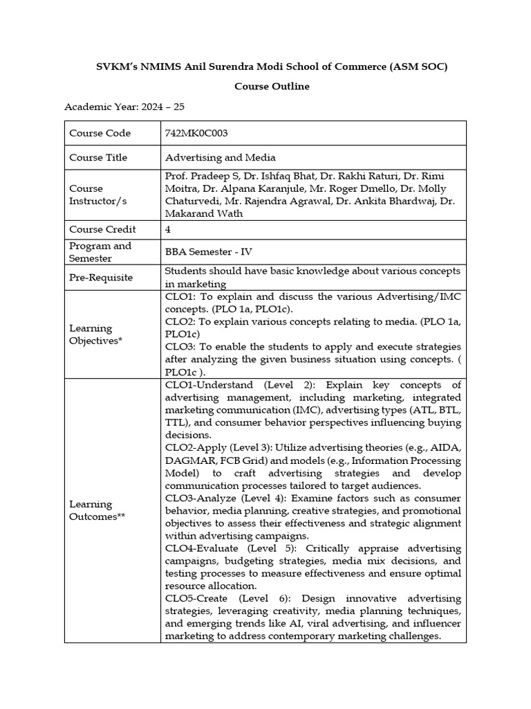 Advertising and Media Course Outline | PDF | Behavior | Advertising