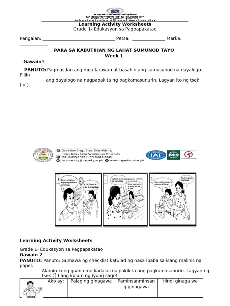 Learning Activity Worksheets: de Partm E Ntofeduc Ation | PDF