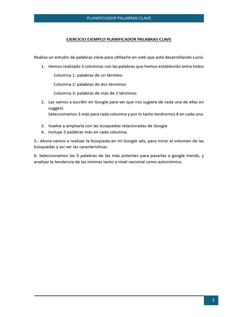 Ejercicio Ejemplo Planificador Palabras Clave | PDF