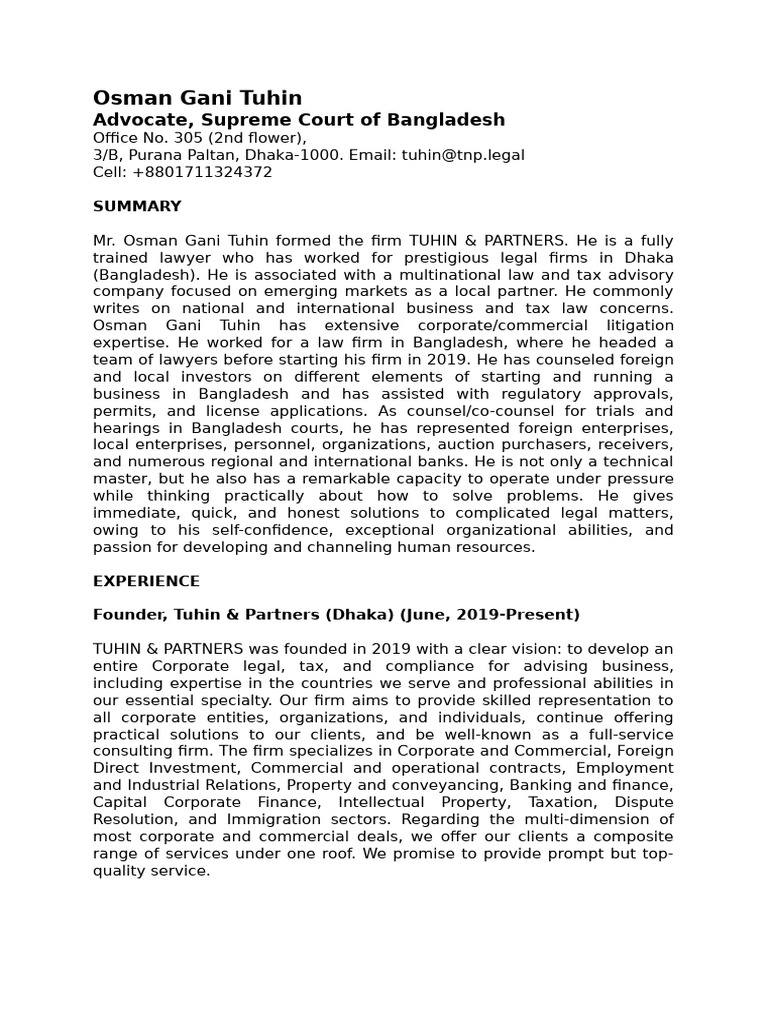 Osman Gani Tuhin - Resume - 30112024 | PDF | Taxes | Lawyer