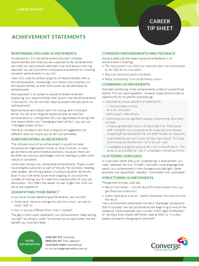 Career Tip Sheet - CV Achievement Statements | PDF | Accounts Payable ...